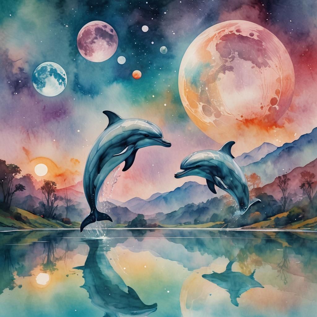 Double exposure. Side profile portrait of a beautiful dolphin. a ...