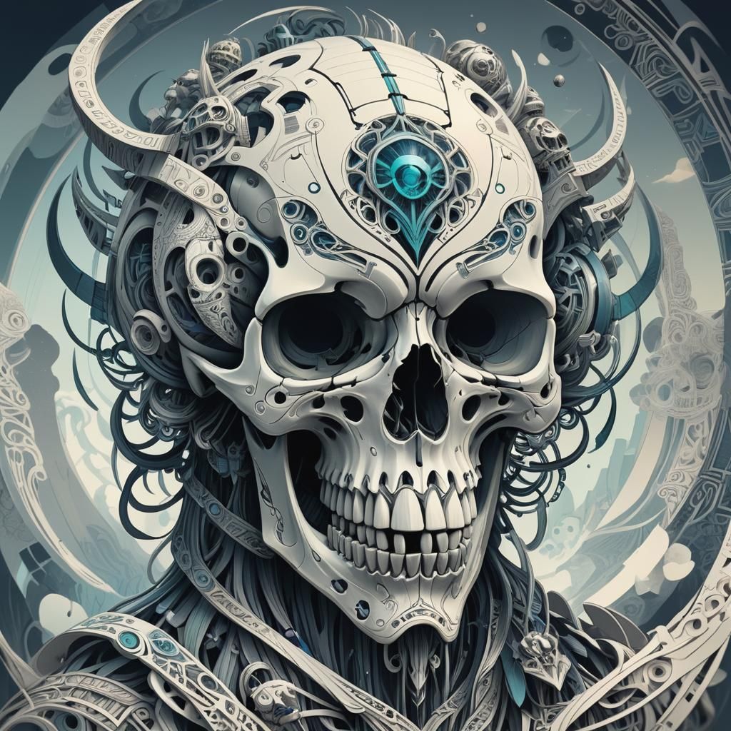 Expansive, Tilted-VIEW eyrie SKULL-GODDESSES, Zentangle doodle, Beeple ...