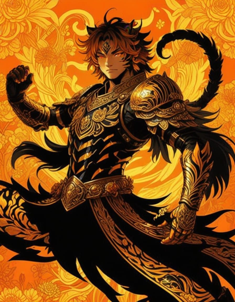 Humanoid Tiger Adventurer in Orange Fantasy Forest... - AI Art