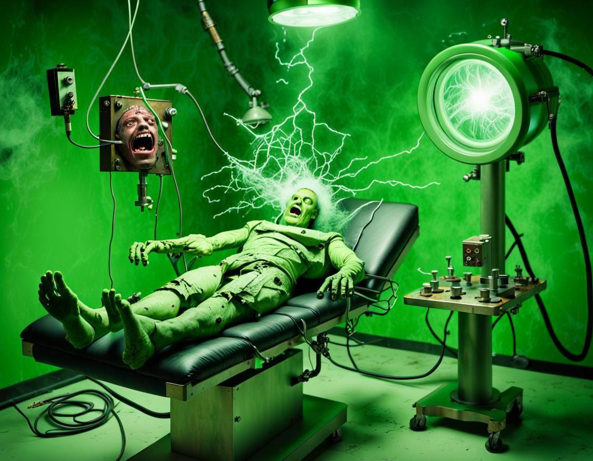 A green Frankenstein lying on an operating table, hideous dirty green ...