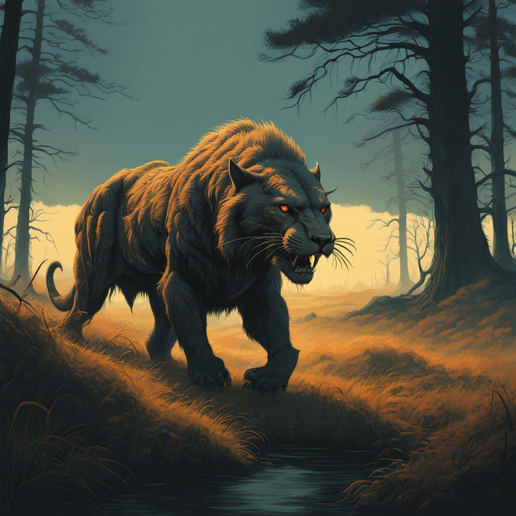 Smilodon Hunting Prey - Saber-Toothed Smilodon Roams Sunlit...