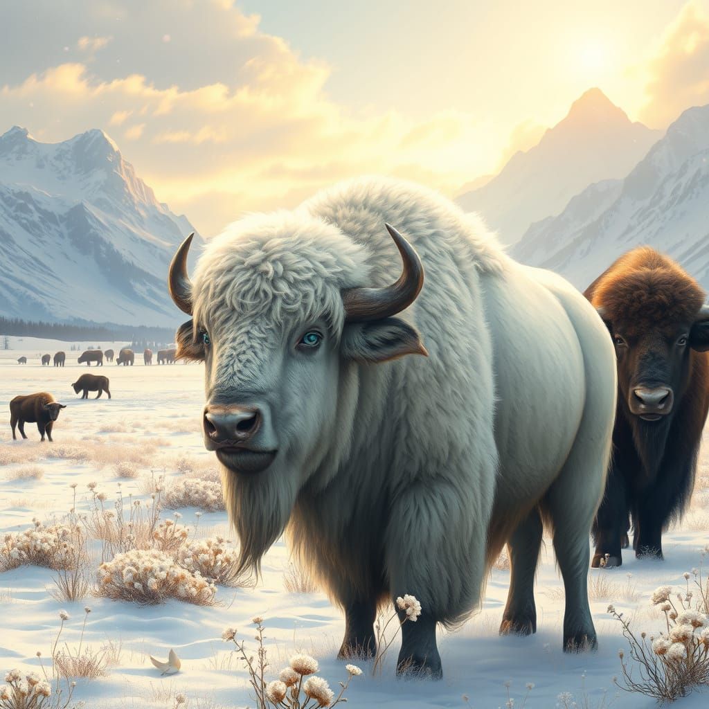 Regal Albino Buffalo in Snowy Cosmos Landscape - AI Art
