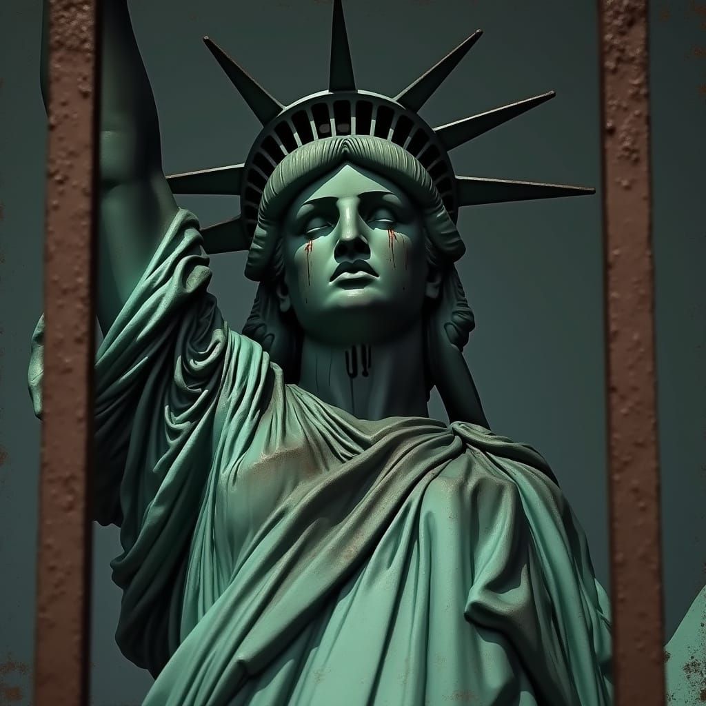 The sad Statue of Liberty, crying heavy bloody tears, behind horizontal ...