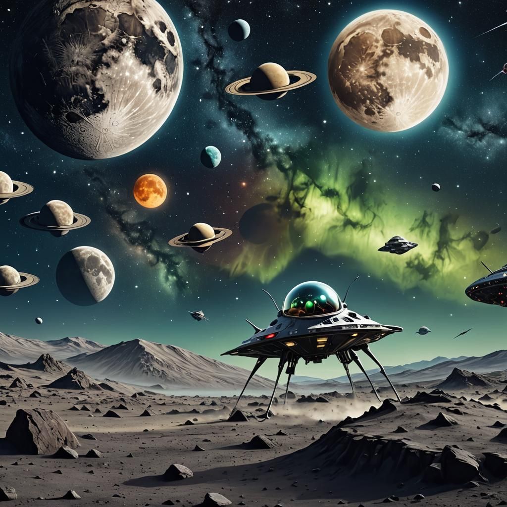 alien mouse overtake the moon surface, night starry sky with ufos ...