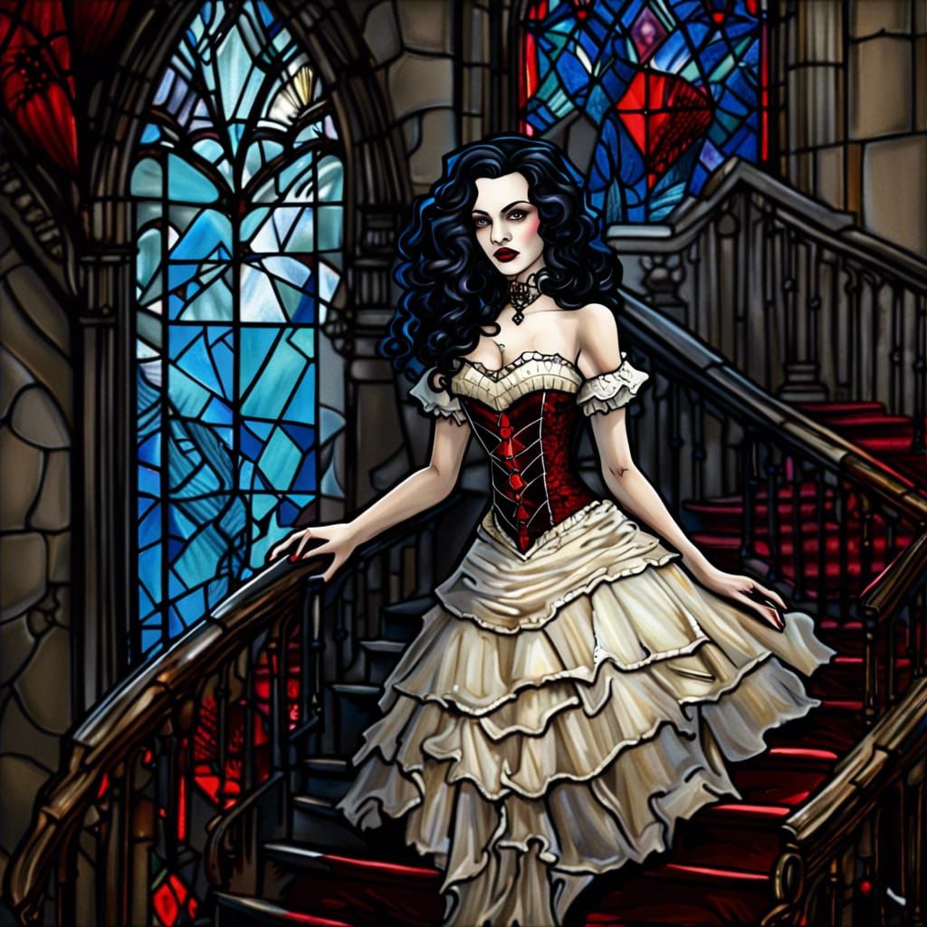 Pinup cheesecake vampire woman with red lips, pale skin, ebony flowing ...