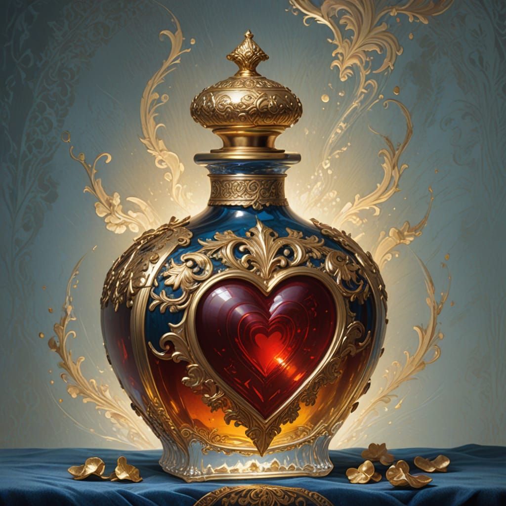 love potion in an ornate bottle with a heart engraving, oil painting ...