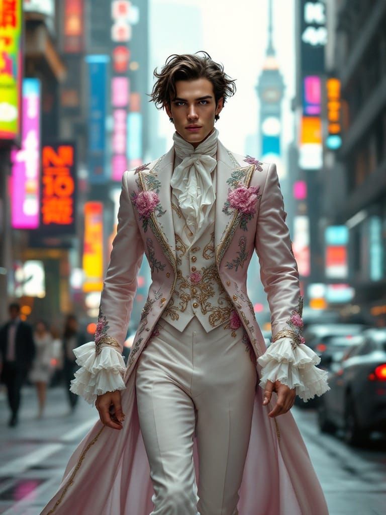 Model in Neo-Rococo Suit 250112K - Androgynous Young Man in ...