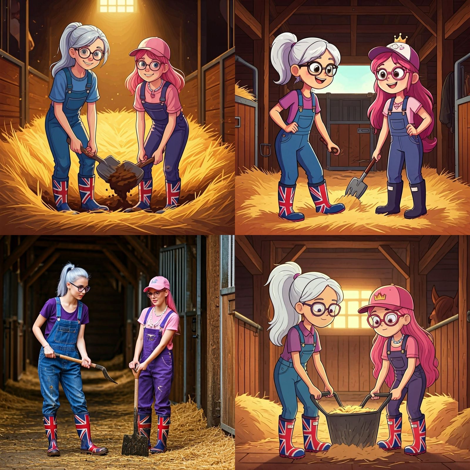 Girls in Farming Attire Mucking Out Horses Stables... - AI Art