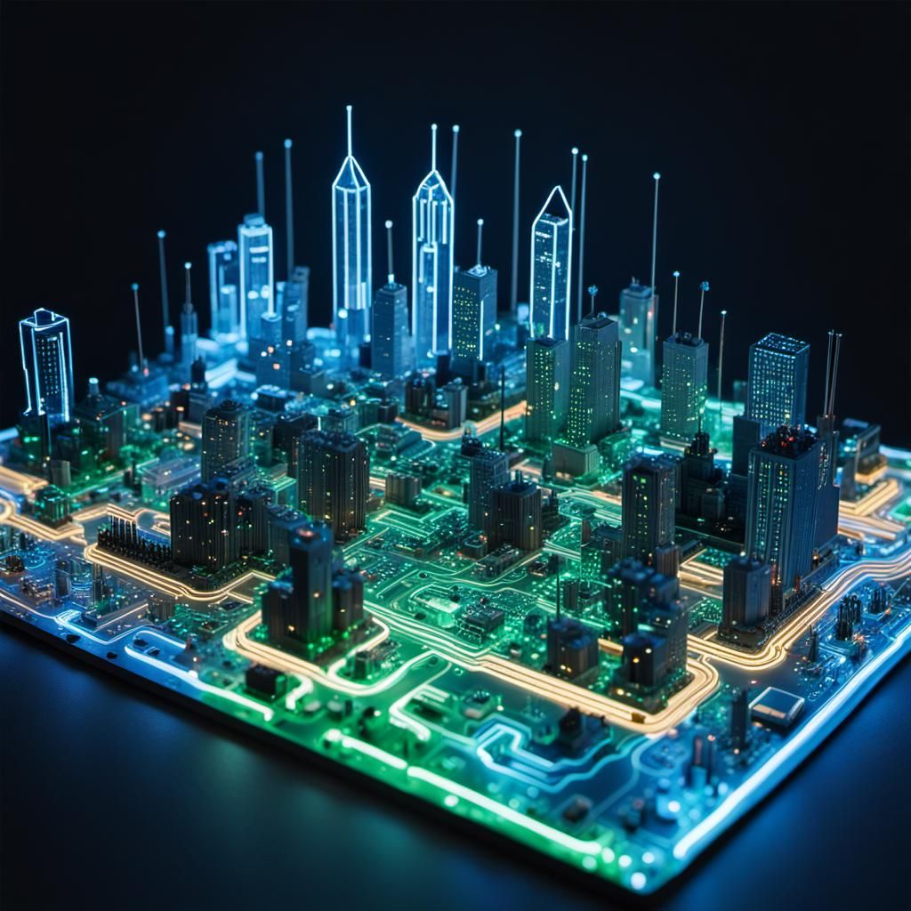 cityscape created from glowing circuit on computer circuit board, Chibi ...