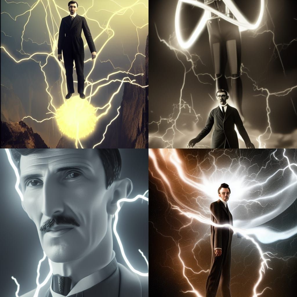 Nikola tesla, flying with electricity all around him, flying, god of ...
