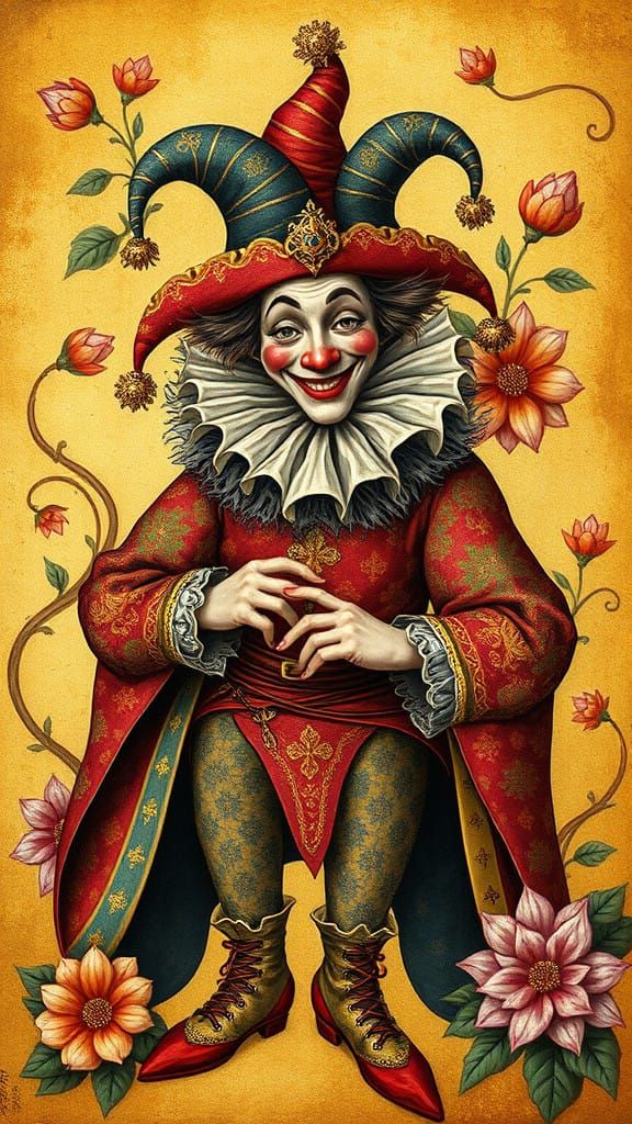 Traditional court jester on a Tarot card