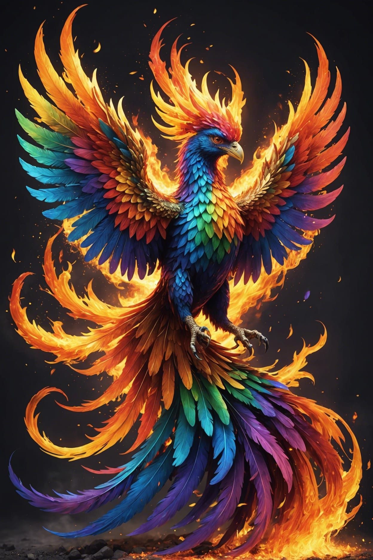 A magnificent, flaming, rainbow phoenix bursting to life from ...