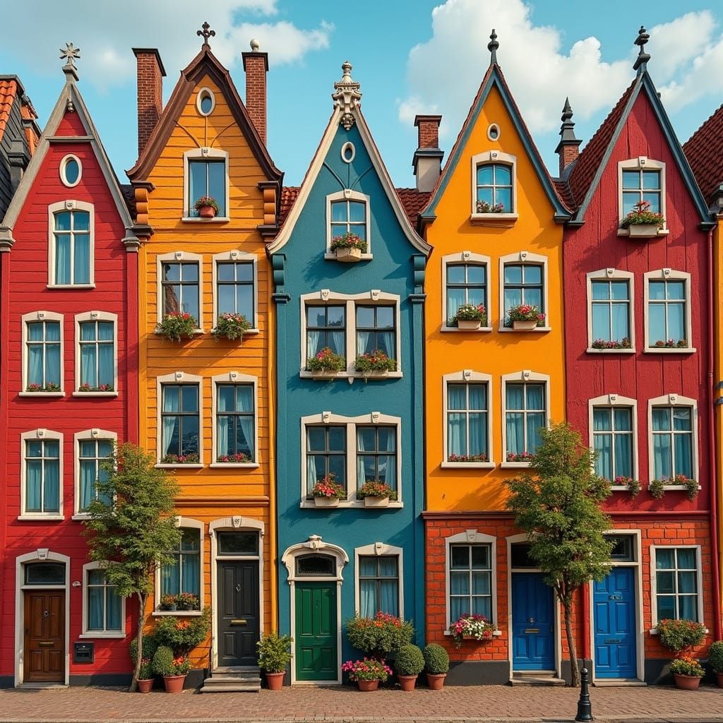 Whimsical European Row Houses in Colorful, Texture... - AI Art