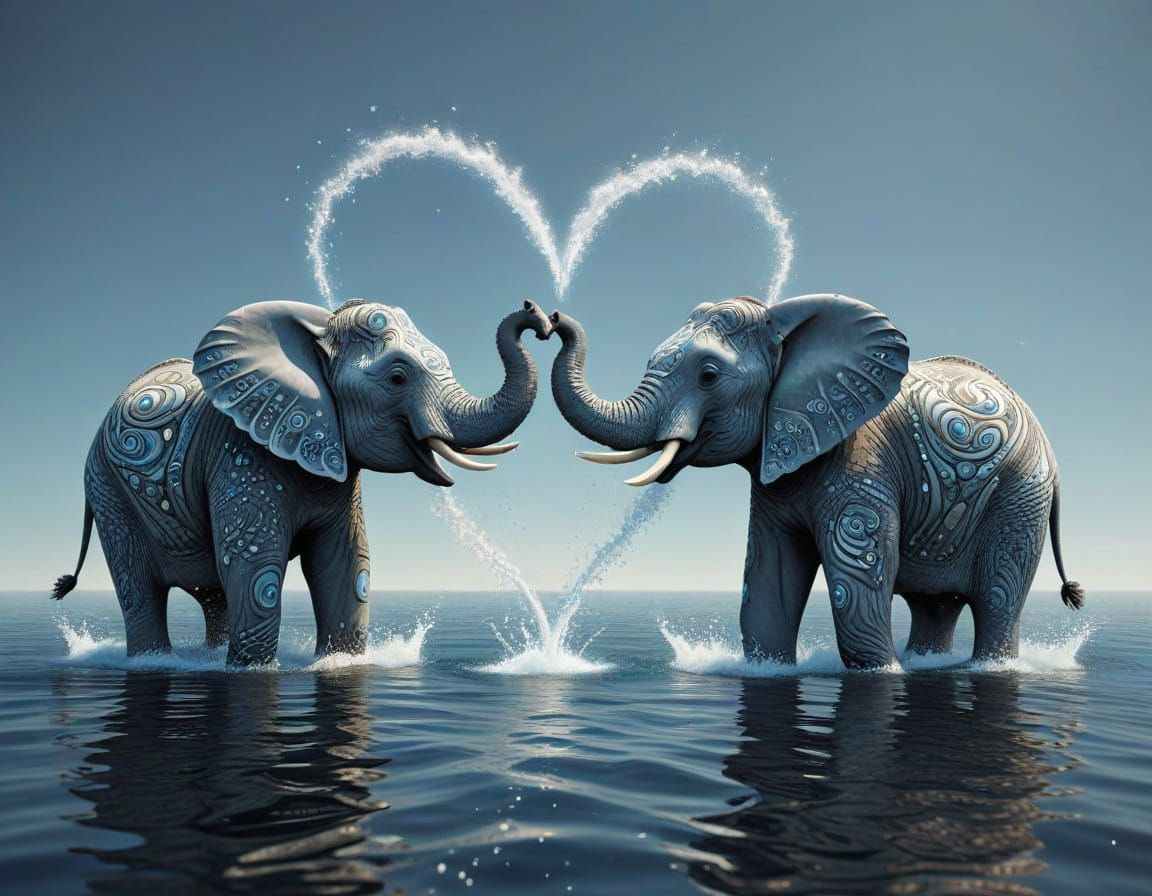 "Elephants in the water and they're blowing water into the shape of a ...