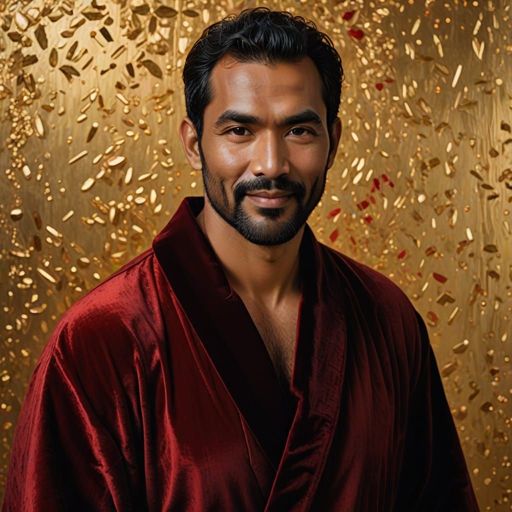 Handsome man - Smiling Man in Red Velvet Robe as Impasto Pai...