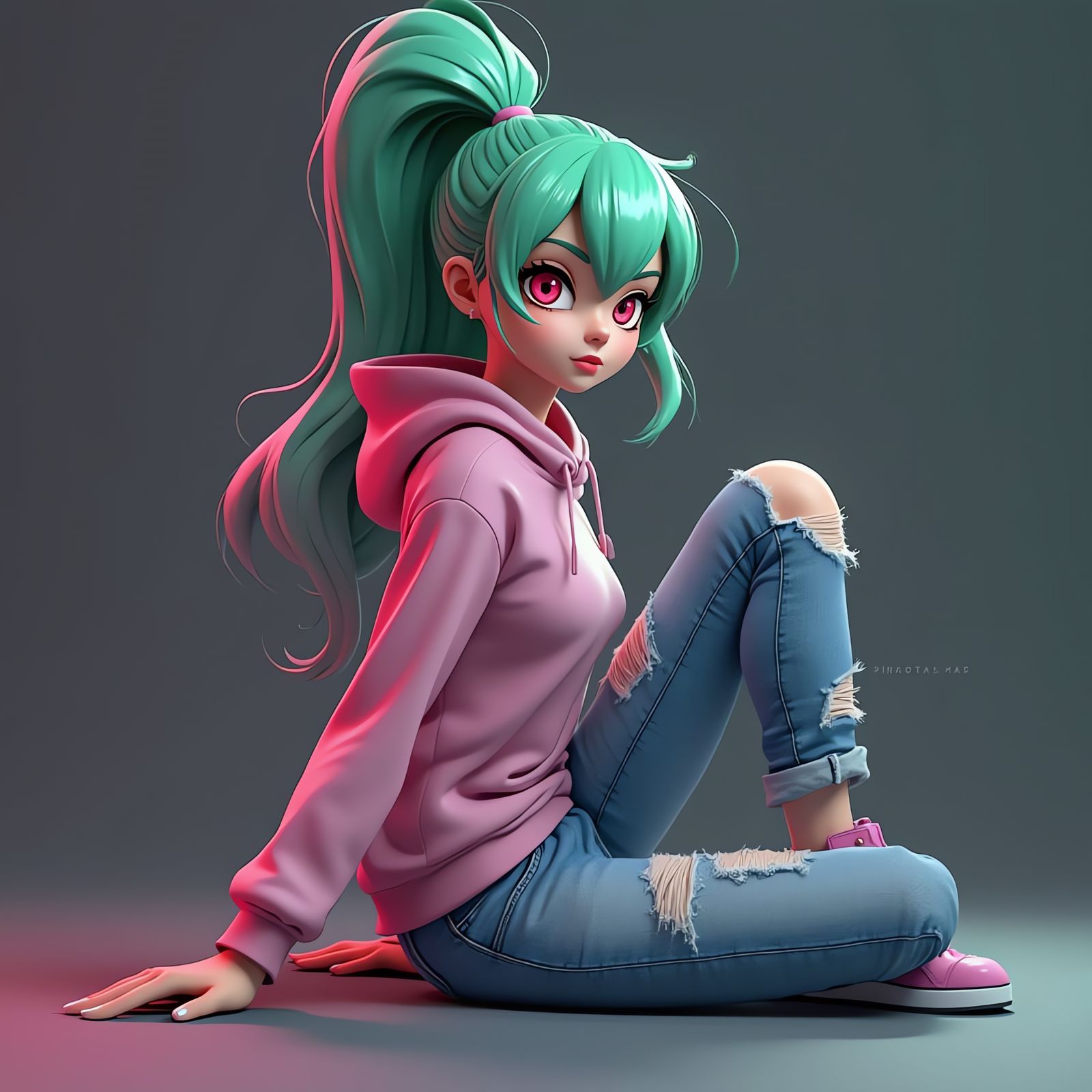 Anime-Inspired Young Girl in Casual Attire with Vi... - AI Art