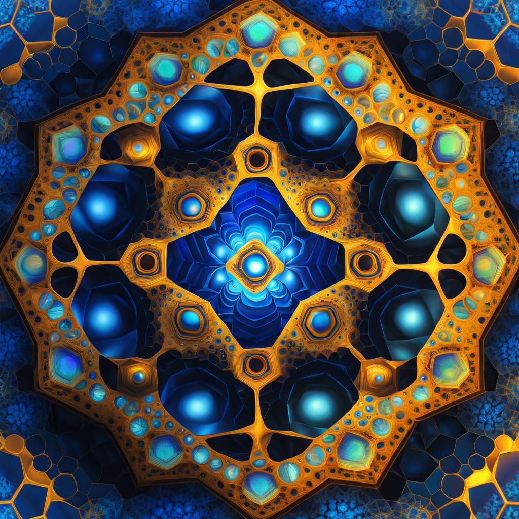 blue fractal, with circles and hexagons in patterns, sacred geometry ...