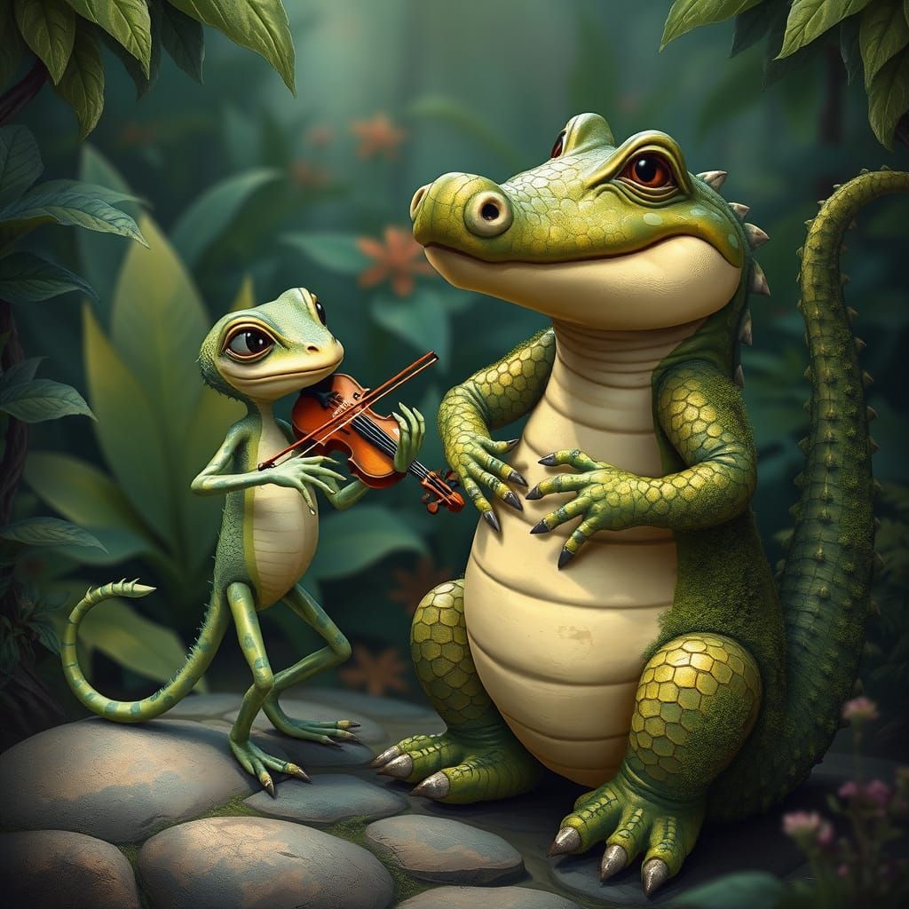 a tiny lizard playing a violin, while a crocodile ... - AI Art