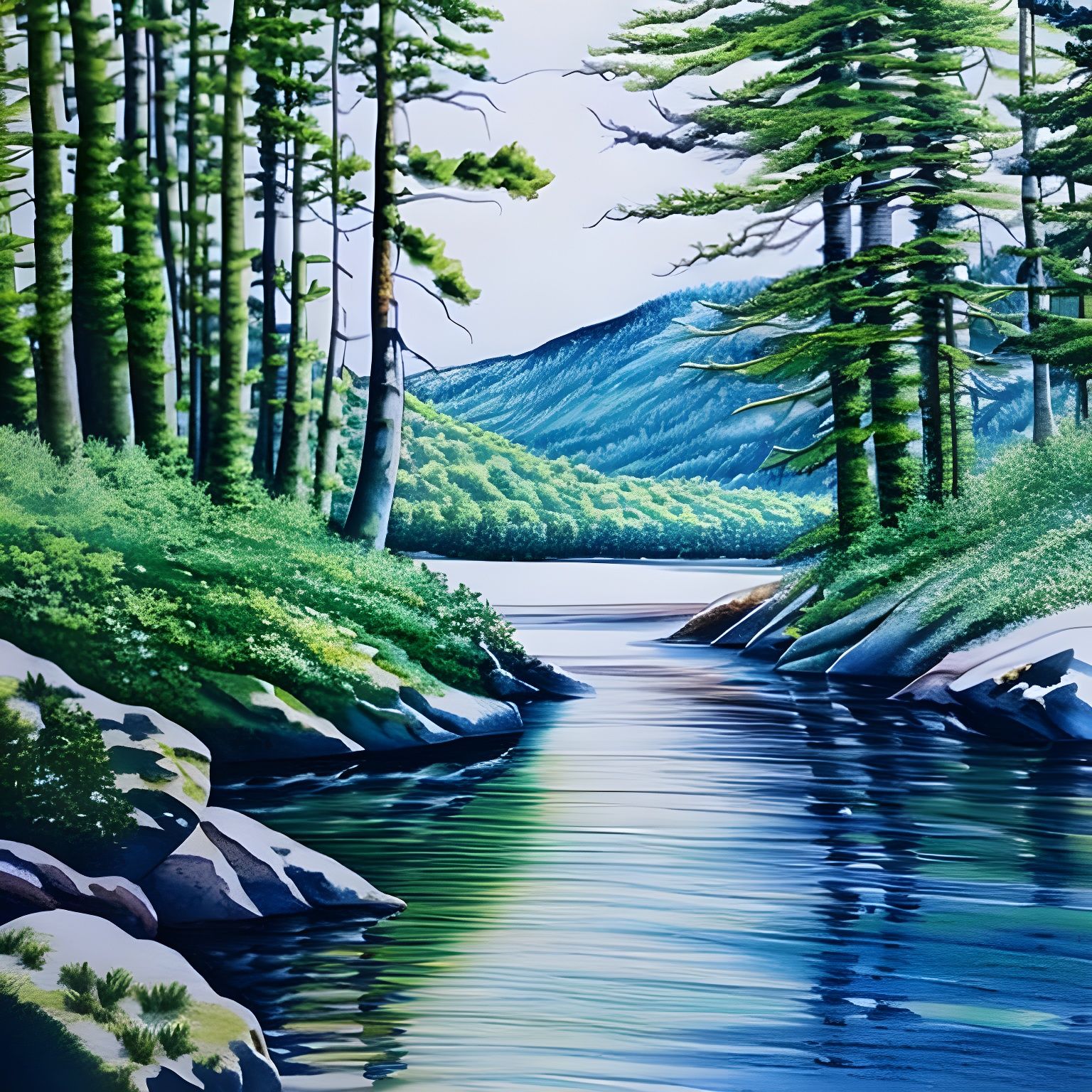 creek with waves wandering thought an evergreen forest, hyperrealism ...