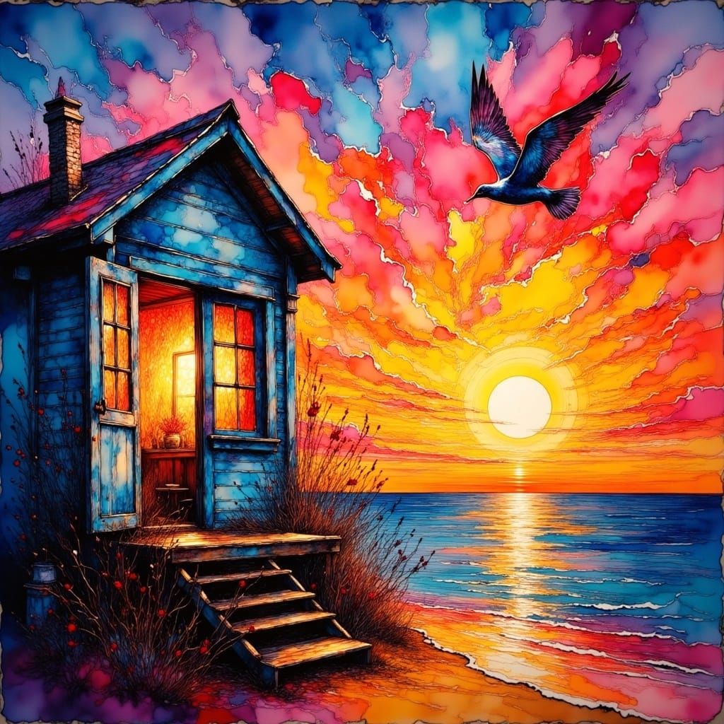 At sunset, a bird flew out of an open window of a hut on the seashore.