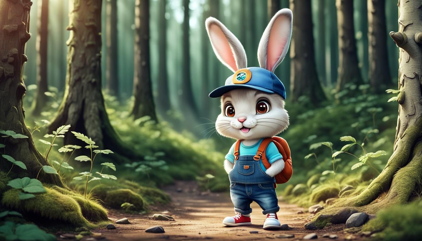 1 a cheerful cartoon chibi hare in a cap, T-shirt and jeans in the ...