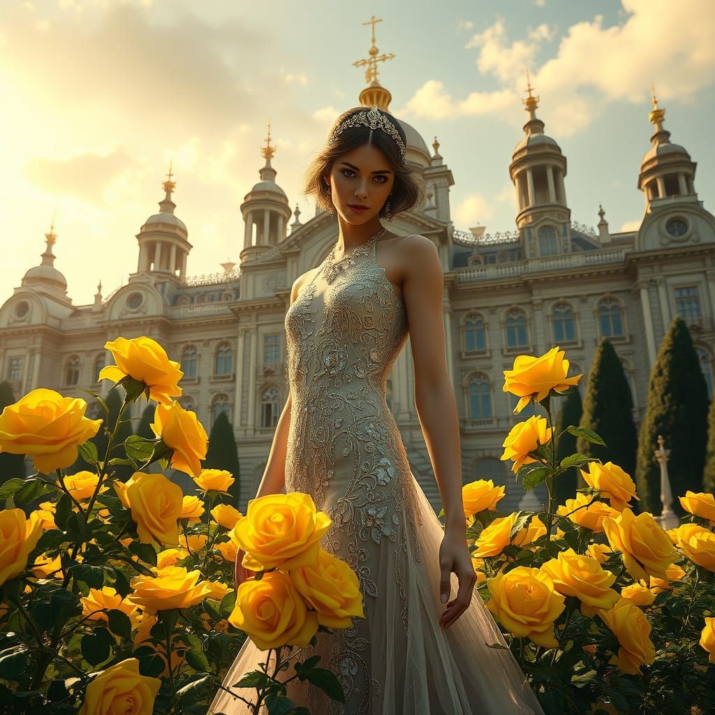 Gilded Princess in Baroque Palace with Yellow Rose... - AI Art