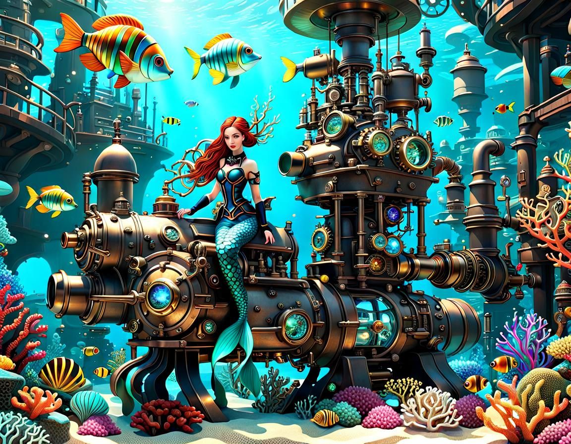 (beautiful art of a robot mermaid and her husband:1,5) hyper detailed ...