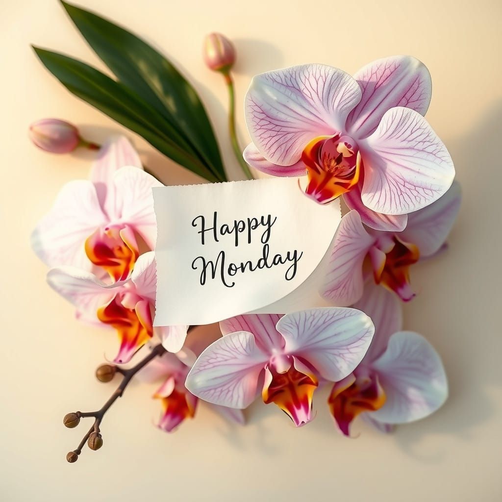 Exotic Orchid Blooms with Vintage 'Happy Monday' N... - AI Art