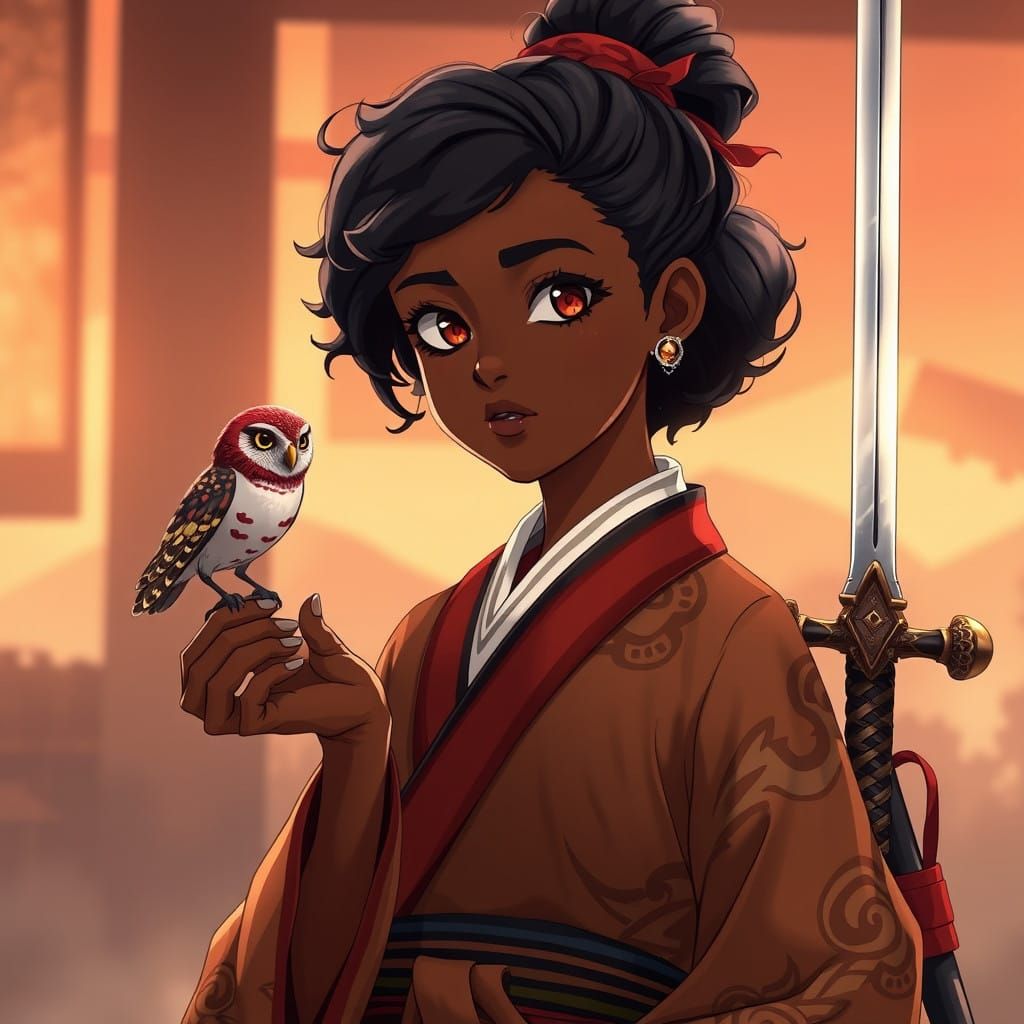 Surreal Samurai Maiden Poses with Owl Moth in Vibr... - AI Art