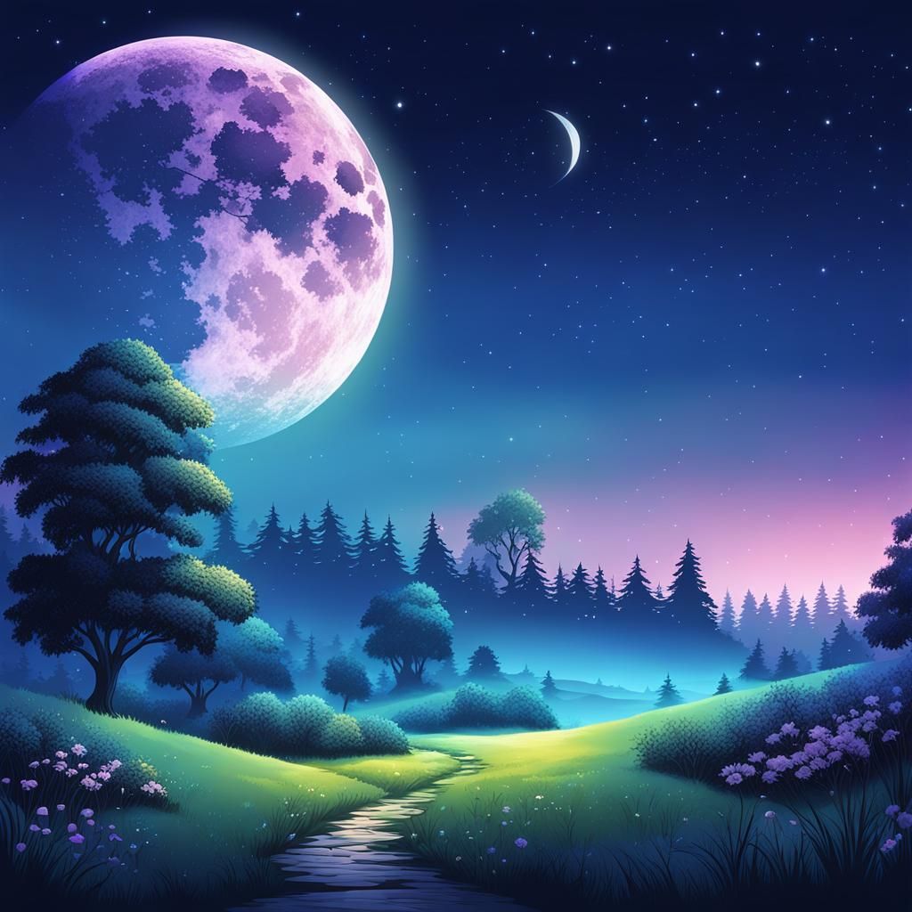 Enchanted landscape by night sky moonlight gradients fades beautiful ...