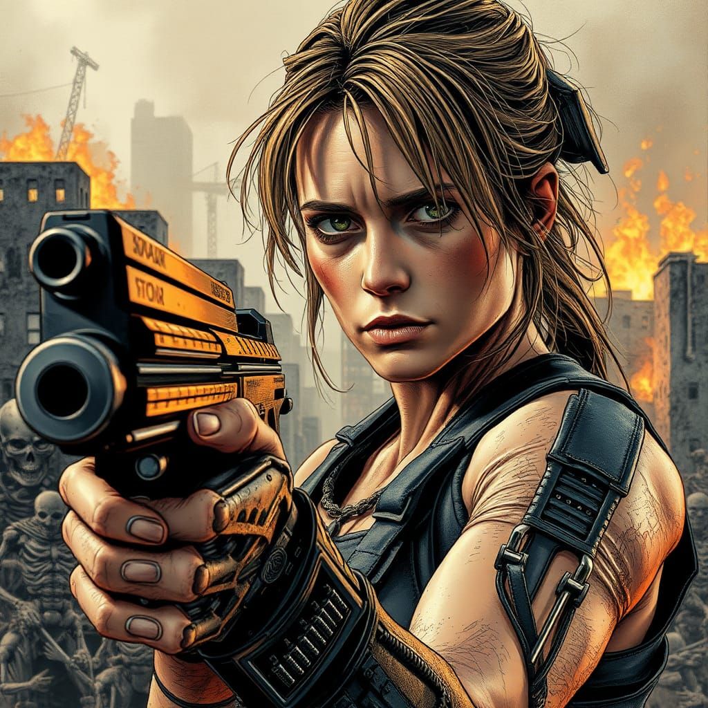 Portrait of tired, apocalyptic survivor Sarah Connor shooting at the ...