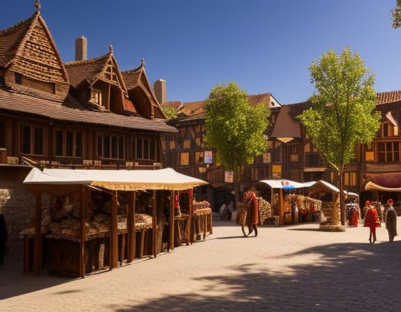 market stalls at opulent medieval busy town square in ancient Kydonia ...