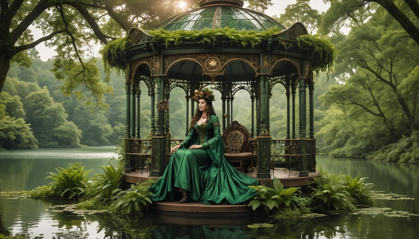 green clad earth mother Gaia in steampunk Gazebo on lush lake - AI ...