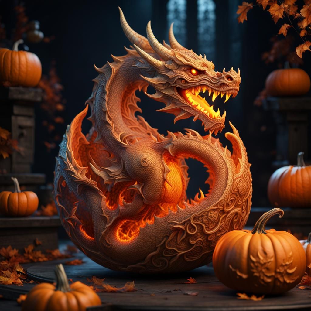 Intricate dragon carved pumpkin fire inside - AI Generated Artwork - NightCafe Creator
