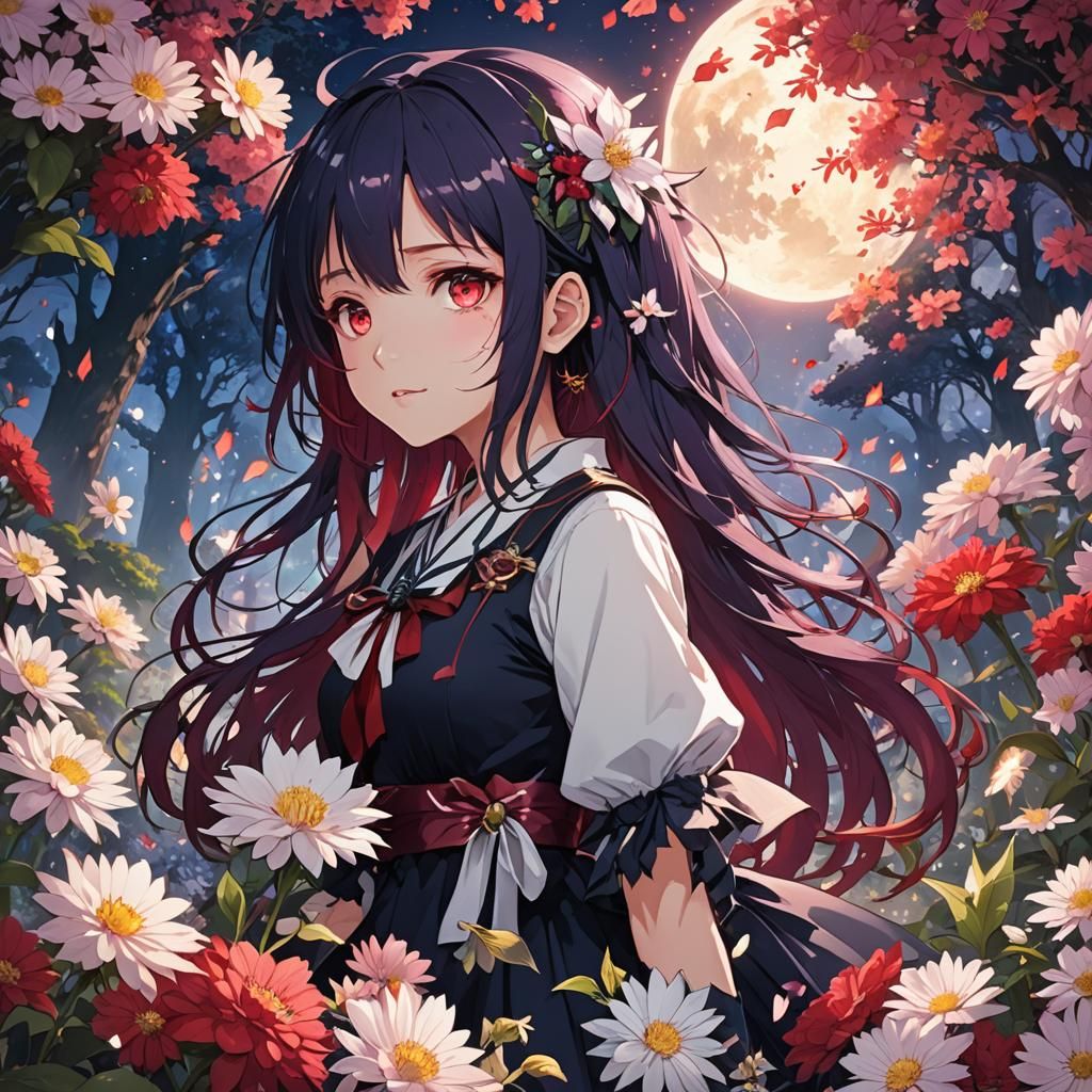 A Girl Surrounded by Flowers - Anime Midnight Ruby - AI Generated ...