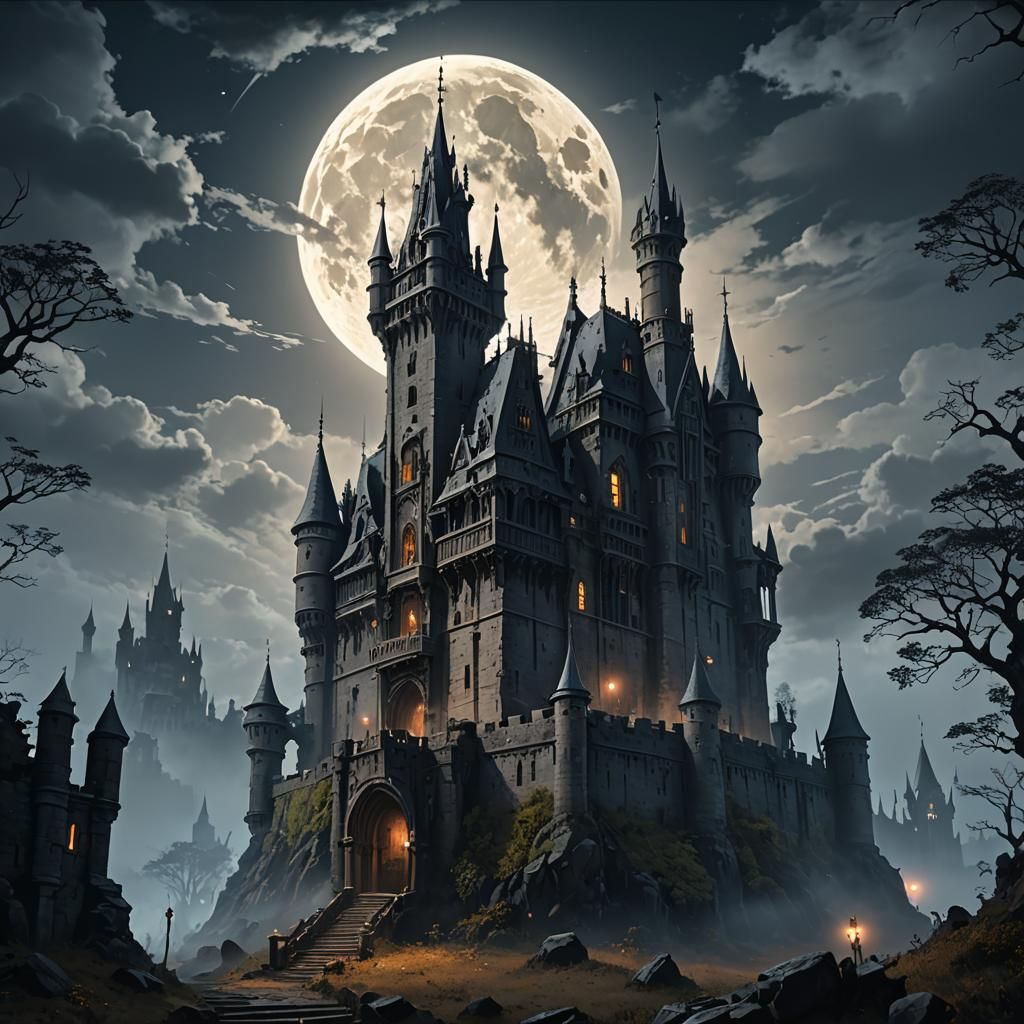 a crumbling, gothic castle lit by a full moon in a... - AI Art