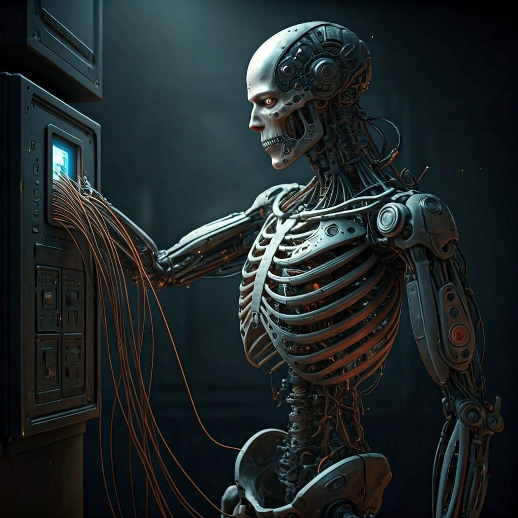 Intricate techno mechanical cyborg fierce skeletal warrior searching for powe