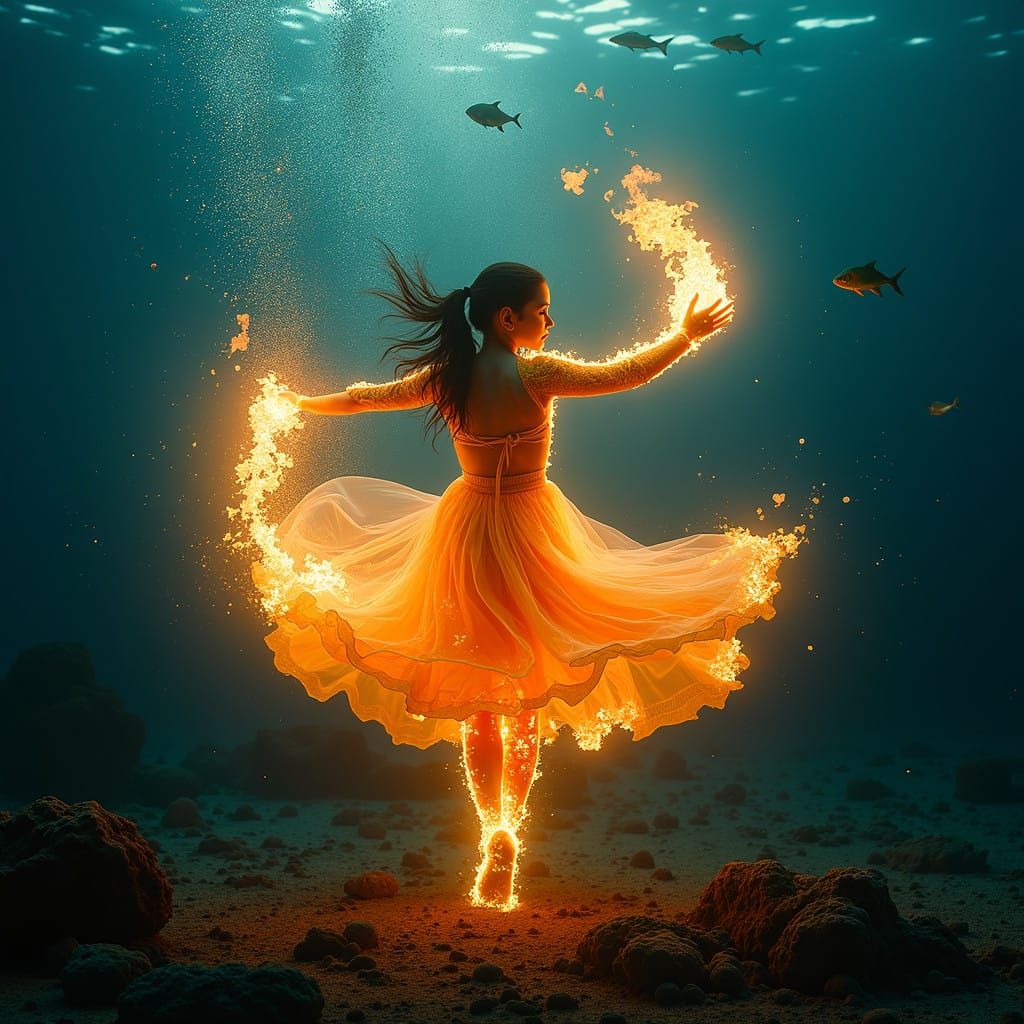 Emberly - Surreal Scene of a Girl Dancing in Golden Flames U...
