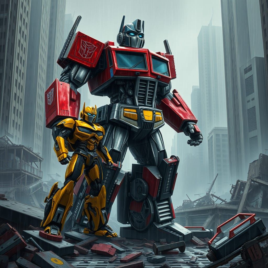 Optimus Prime and Bumble bee in the mist of battle.