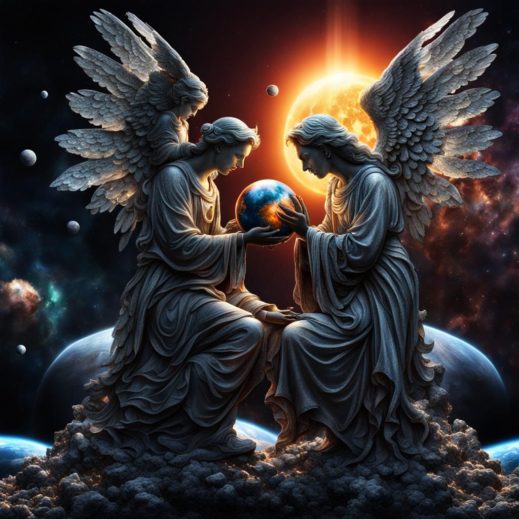 An angel and devil created with crystals and they look at the planets ...