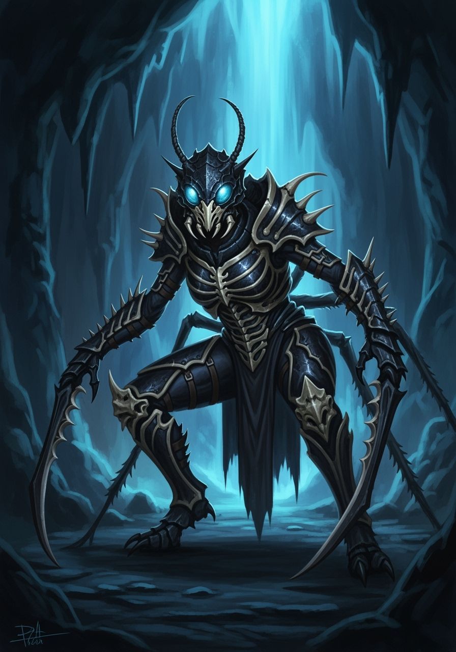 Insectoid Warrior in Bioluminescent Cavern - AI Art
