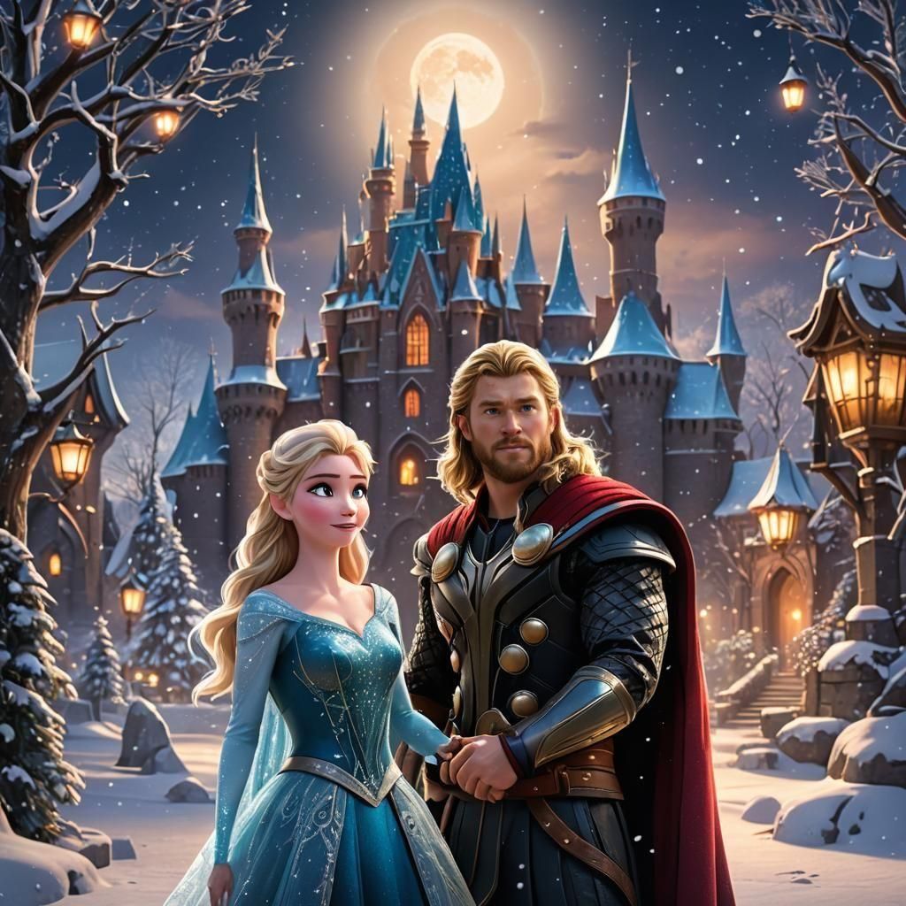 concept featuring Thor and Elsa from "Frozen" in a snowy Arendelle ...