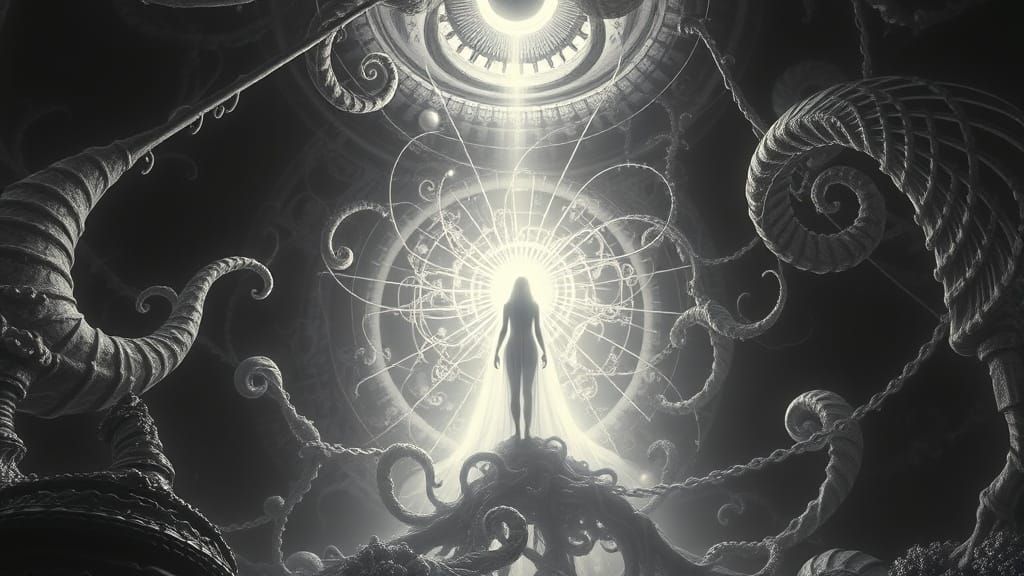 Cosmic Entity in Monochromatic Astral Realm with E... - AI Art