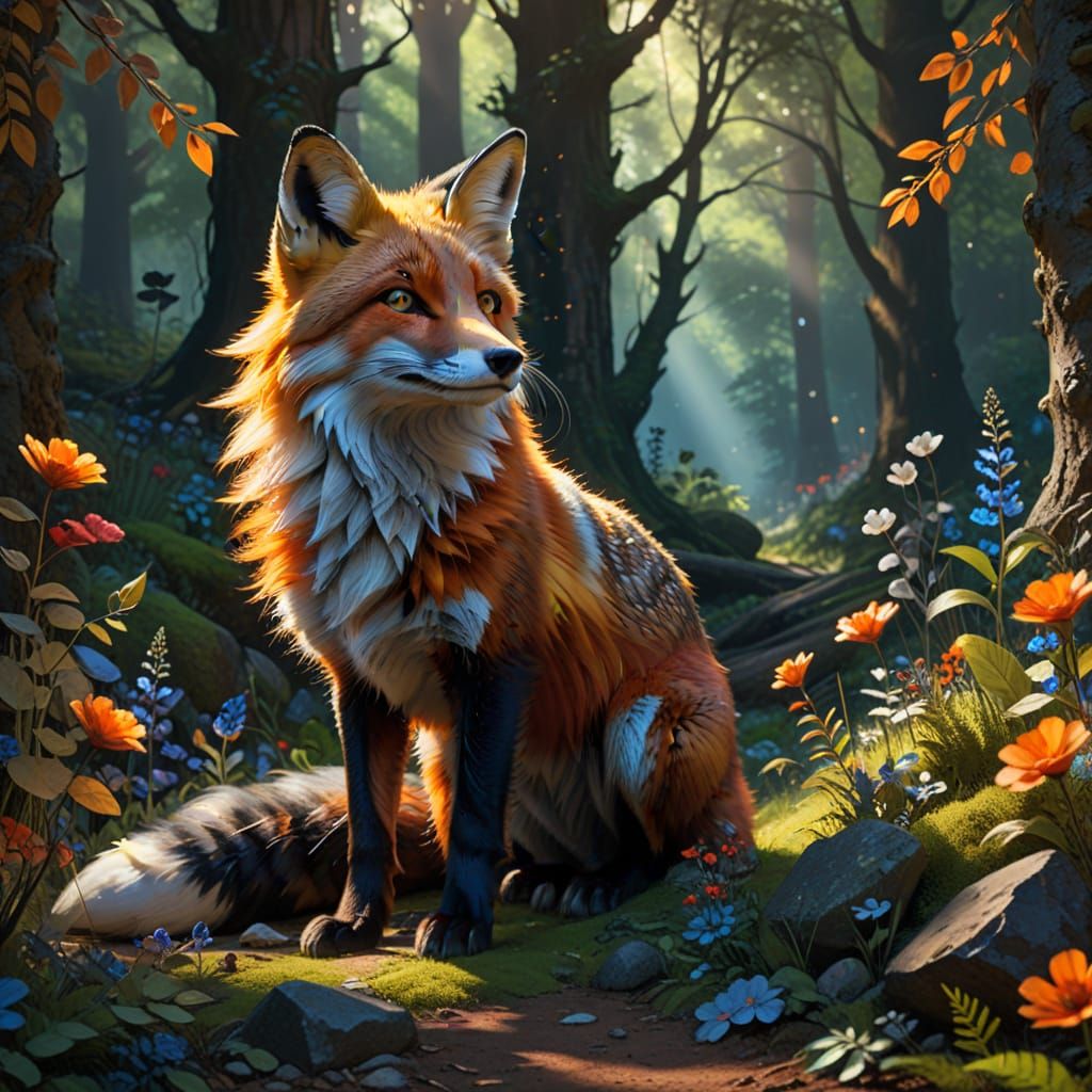 Surrealist Fox Embarks in Vibrant Love Forest - AI Art