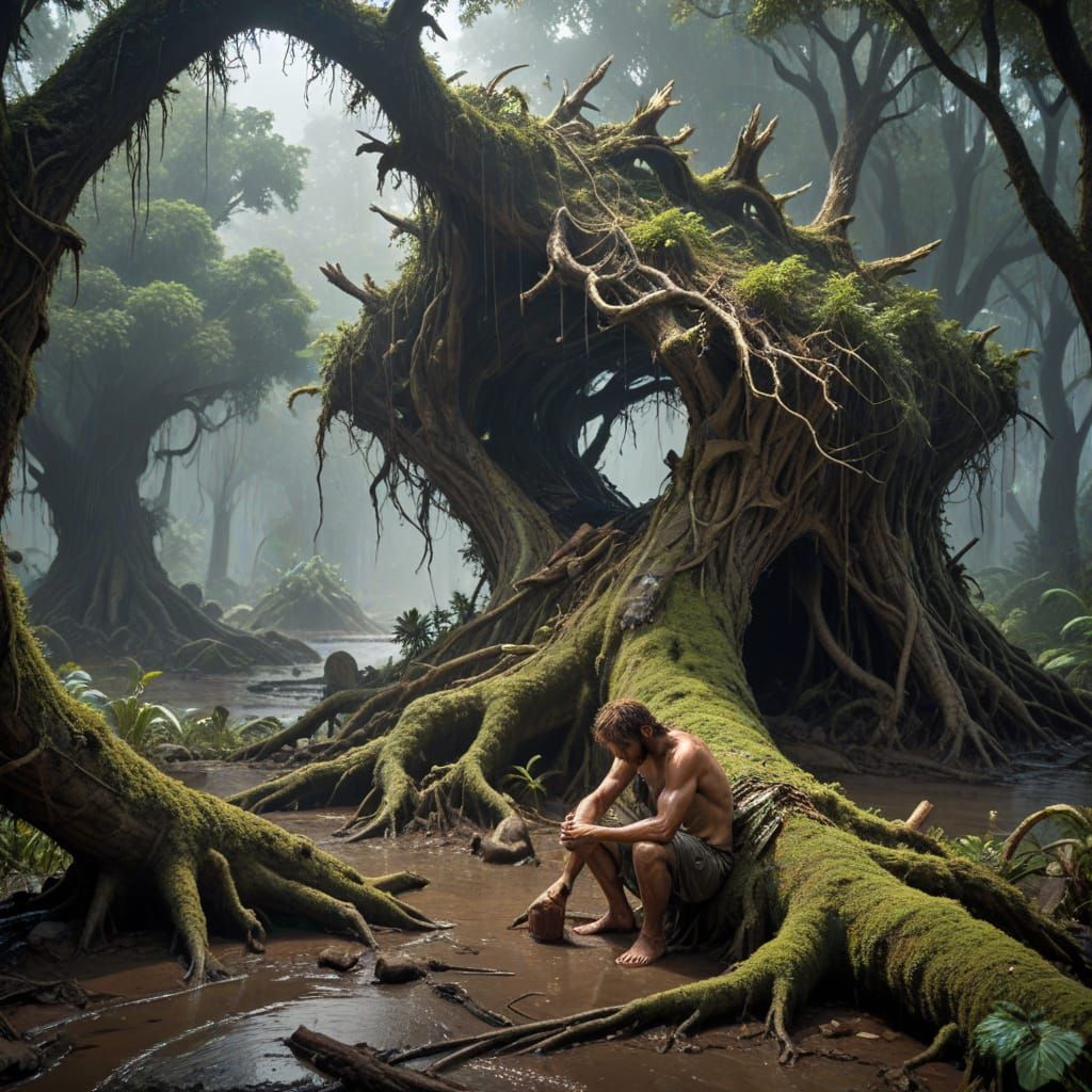 Castaway Survival on Alien Planet in Rainy Season - AI Art