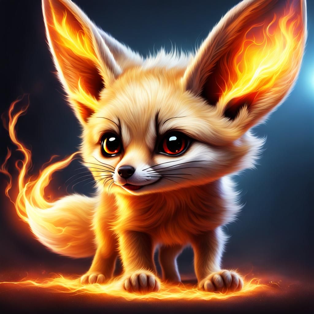 a baby fennec fox with flaming electricity blazing from its eyes, mean ...