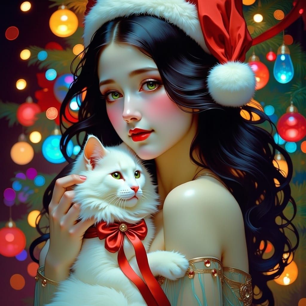 Art Nouveau Pin-up with cat - Art Nouveau Pin-up with cat