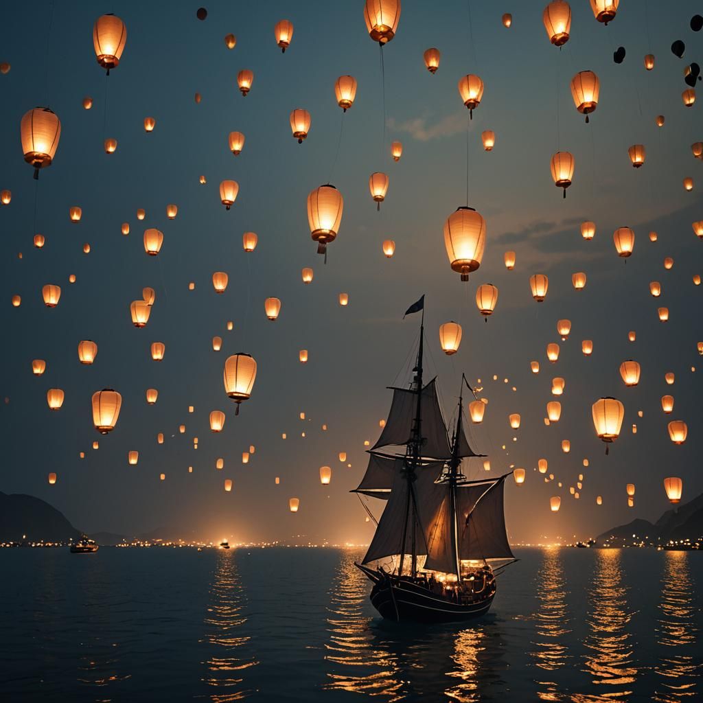 Lanterns on the sea - AI Generated Artwork - NightCafe Creator