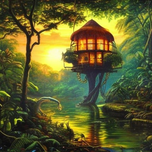 Sunset Lagoon Treehouse - AI Generated Artwork - NightCafe Creator