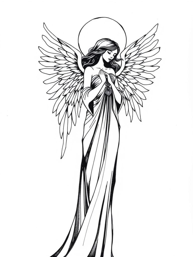 A minimalist ink drawing of beautiful Angel woman with clean ...